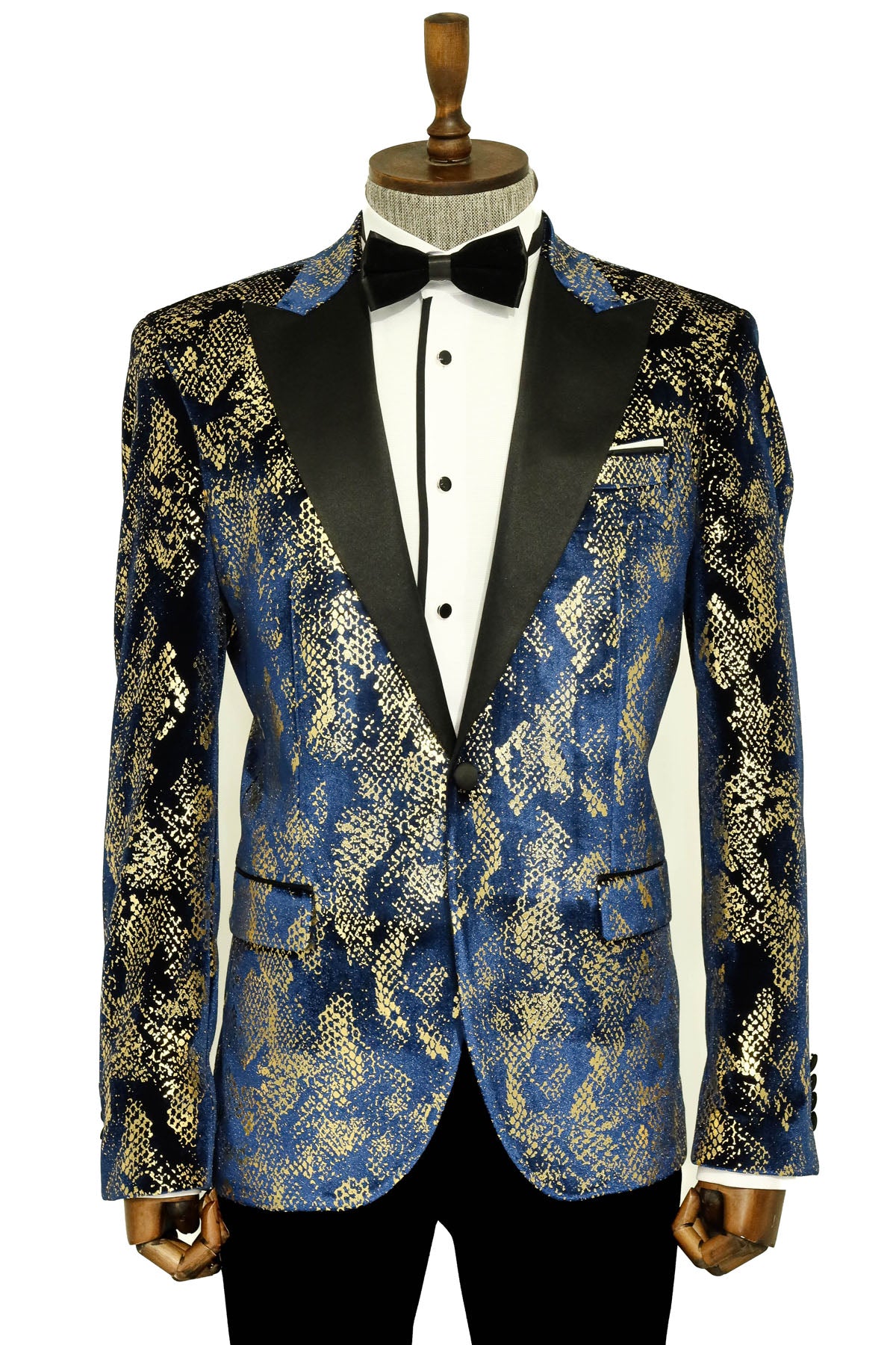 Peak Lapel Slim Fit Gold Patterned Navy Blue Men Prom Blazer – Wessi