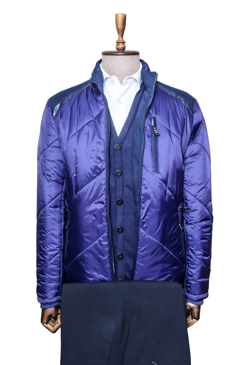 Navy Blue Quilted Jacket, Navy Trousers, White Shirt, and Knit Cardiga ...