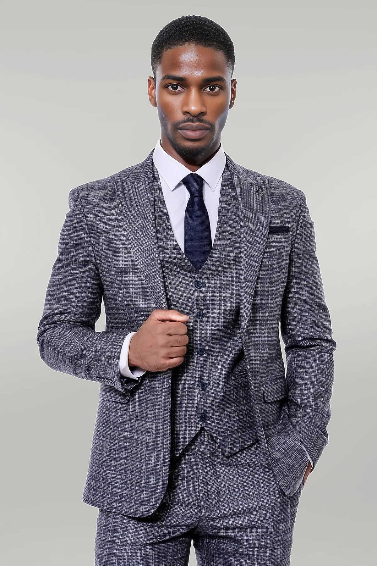 Patterned Vested Slim-Fit Navy Blue Men Suit - Wessi