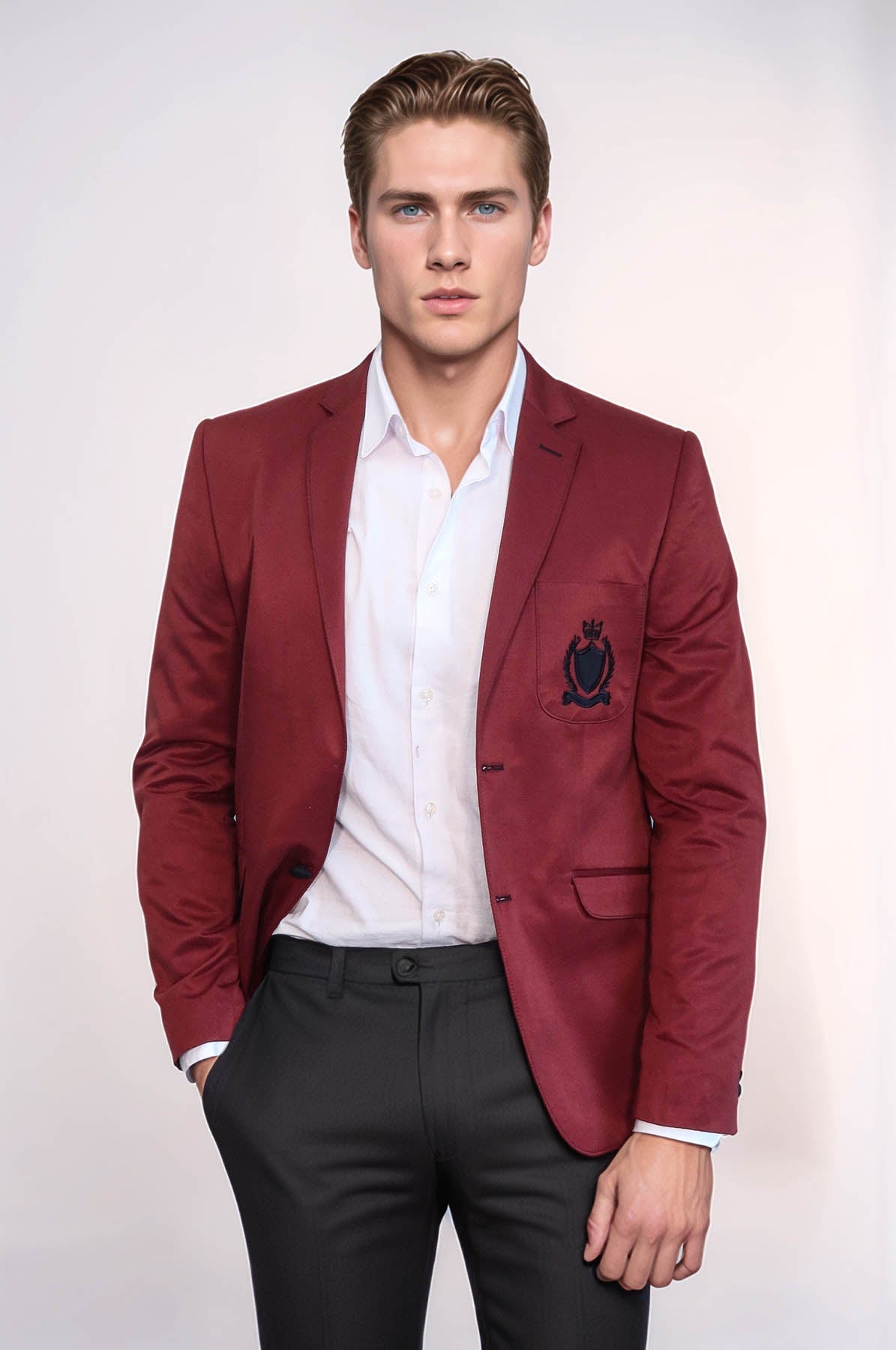 2 Buttons 3 Pockets Crested Cotton Burgundy Jacket | Wessi – Wessi ...