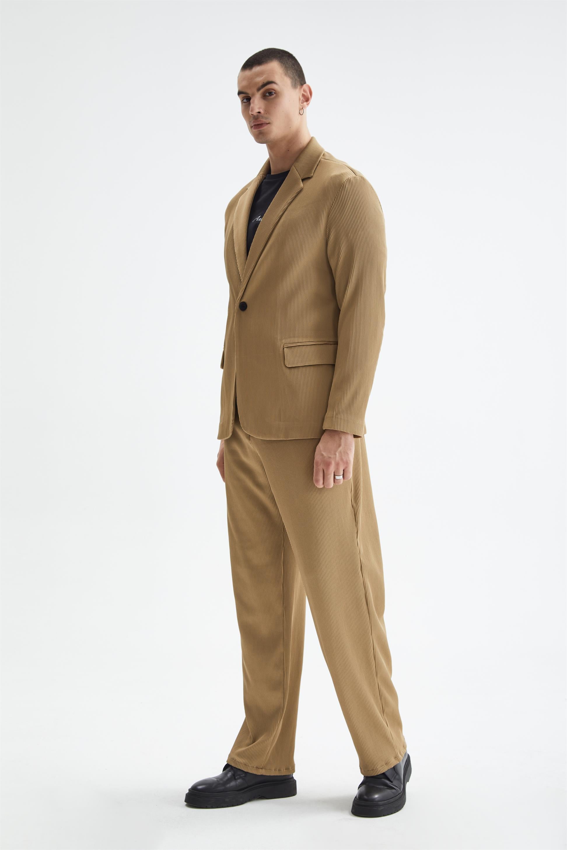 Men's Dark Beige Ribbed Textured Oversize Suit - Wessi