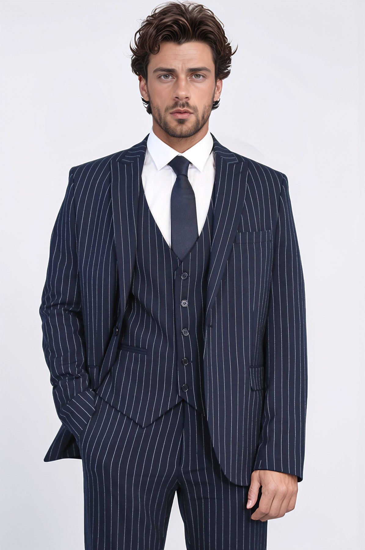Striped Double-Breasted Button Detailed Vested Navy Blue Mens Suit - W ...