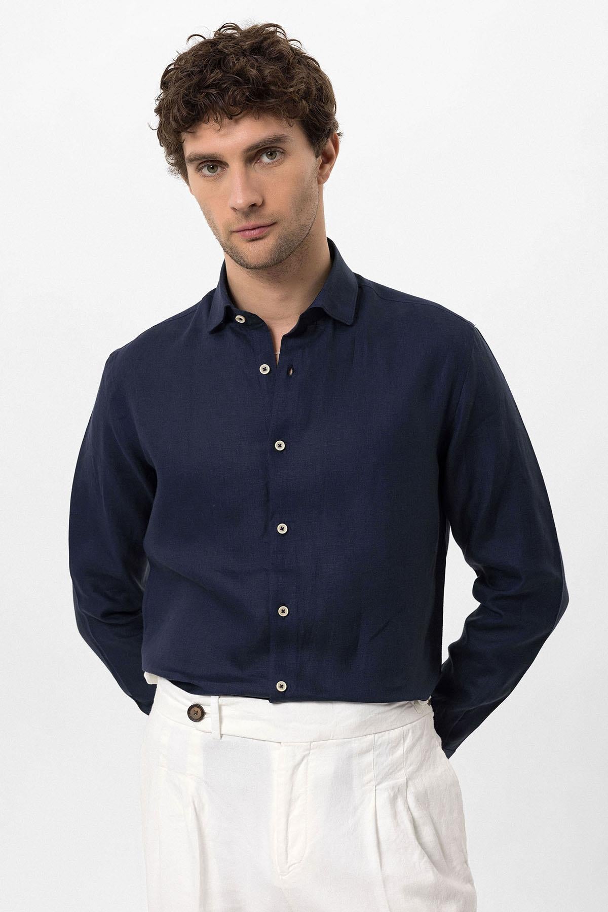 Men's Navy Blue Collar Button Detailed 100% Linen Shirt - Wessi – Wessi ...