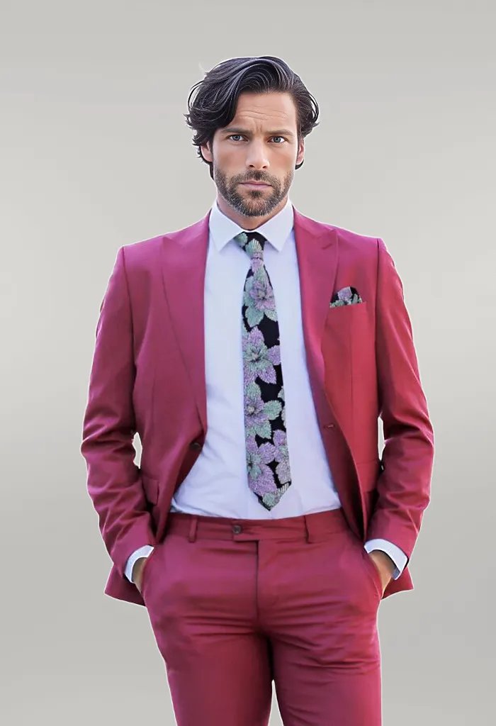 2 Piece Patterned Slim Fit Magenta Men Suit - Wessi