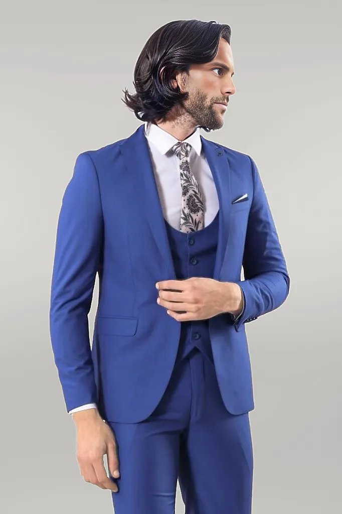 Blue Men's Plain Suit with Vest - Wessi