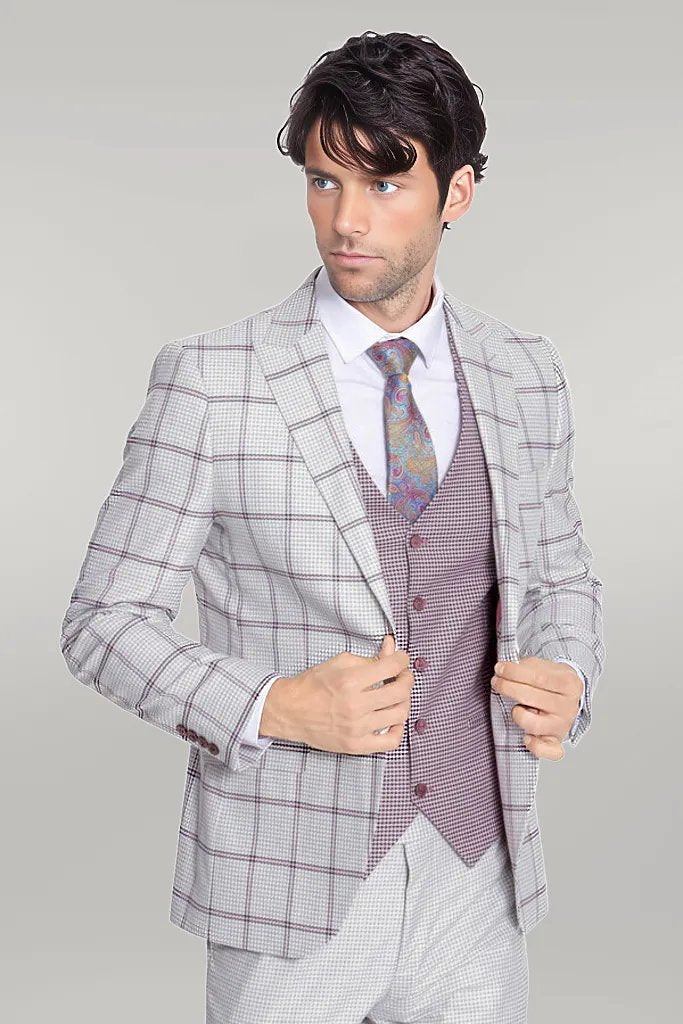Checked Patterned Vested Light Grey Men Suit - Wessi