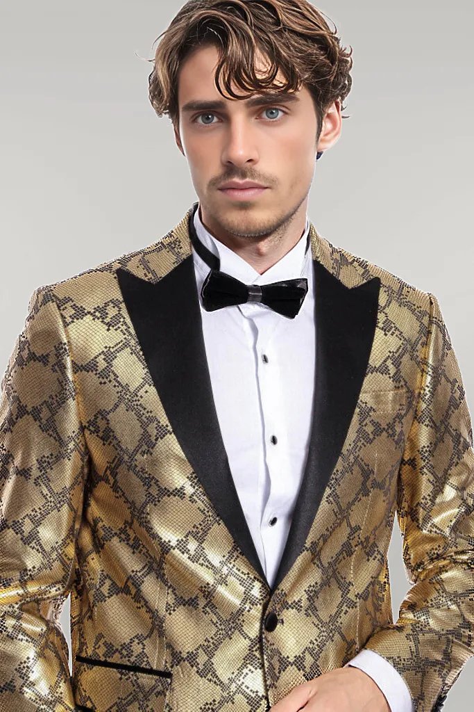 Patterned Slim Fit Gold Men Prom Blazer - Wessi
