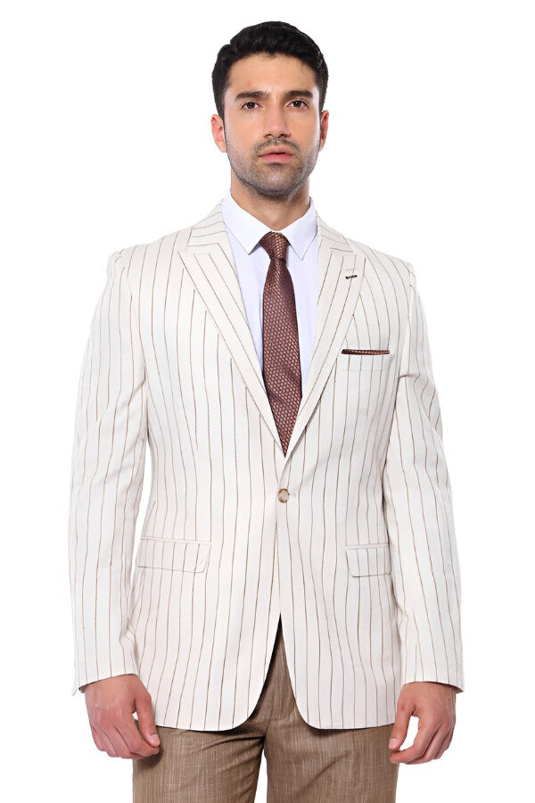 Striped Peak Lapel Beige Sport Jacket - Wessi