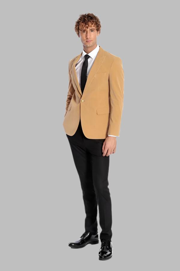 Wide Lapel Velvet Apricot Men Blazer - Wessi